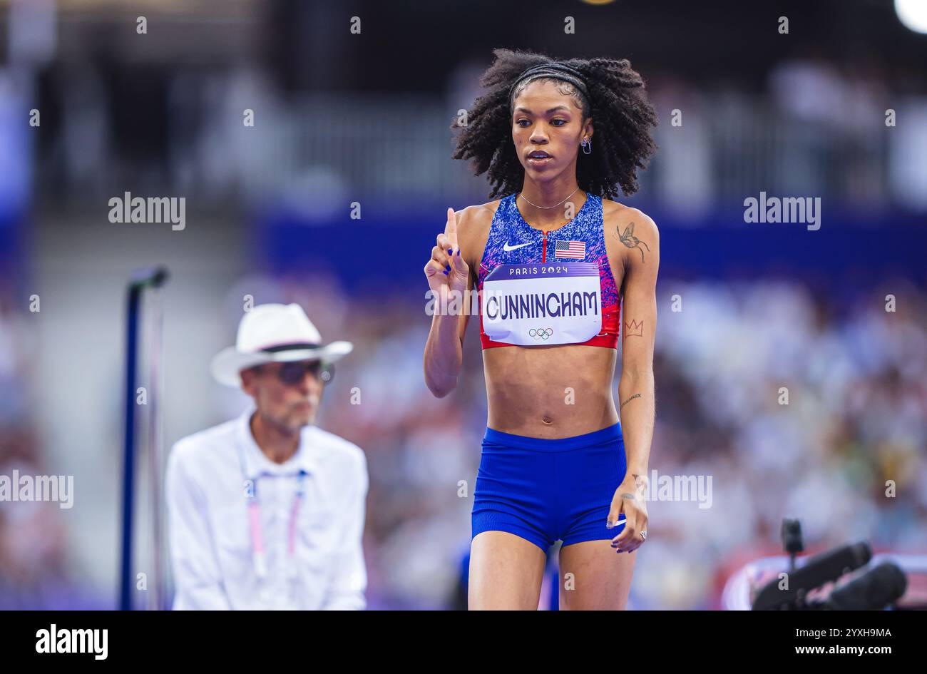 Vashti Cunningham participating in the high jump at the Paris 2024 ...