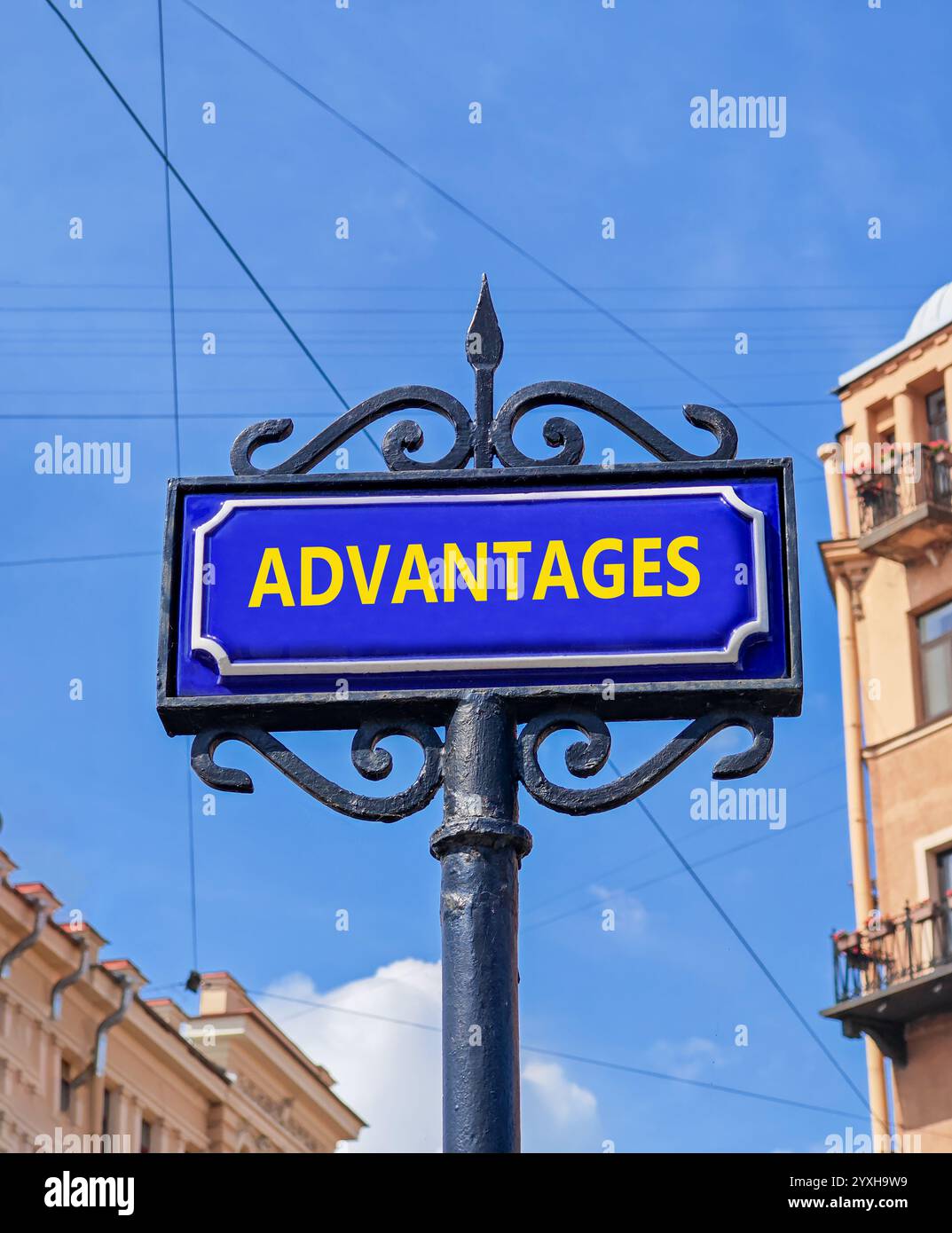 Advantages symbol. Concept word Advantages on beautiful blue road sign ...