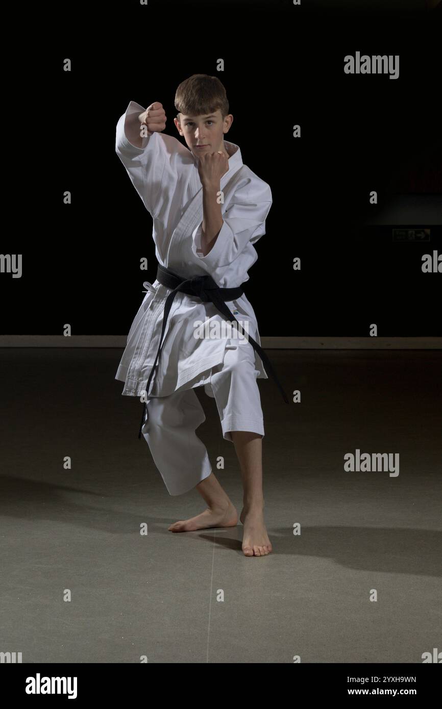 Fifteen year old male teenage karate black belt performing kata Seipai ...