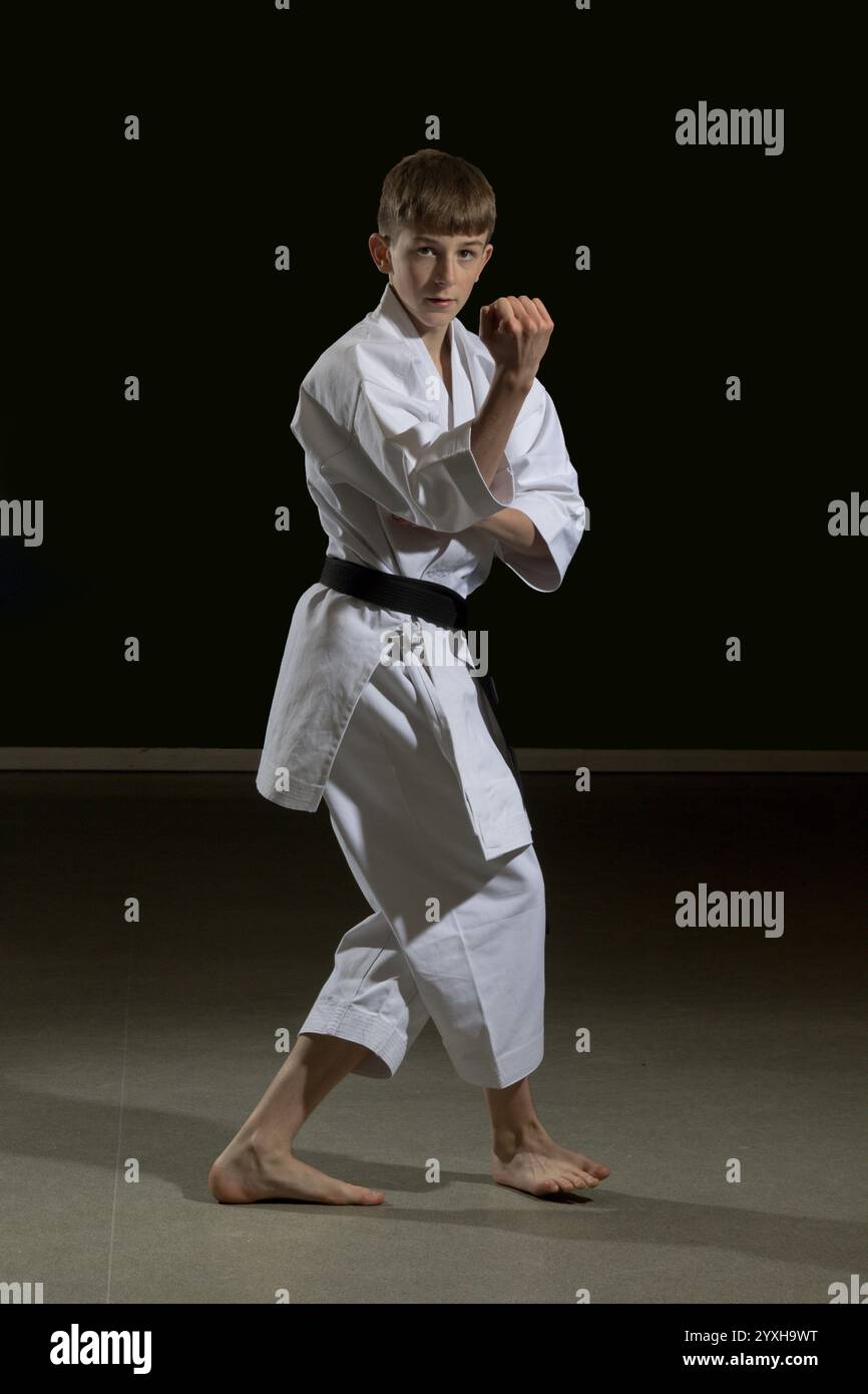 Fifteen year old male teenage karate black belt performing kata Seipai ...