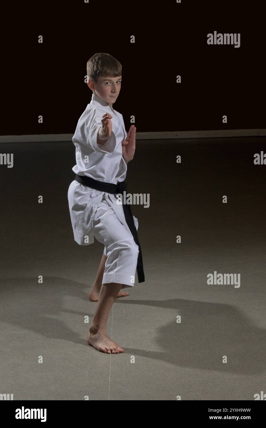 Fifteen year old male teenage karate black belt performing kata Seipai ...