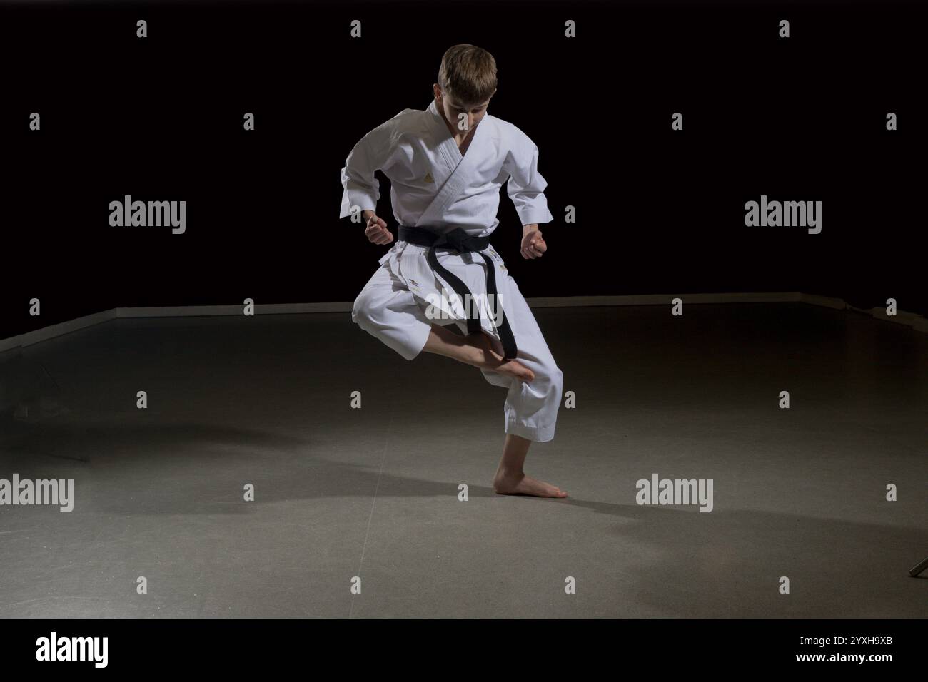 Fifteen year old male teenage karate black belt performing kata Seipai ...