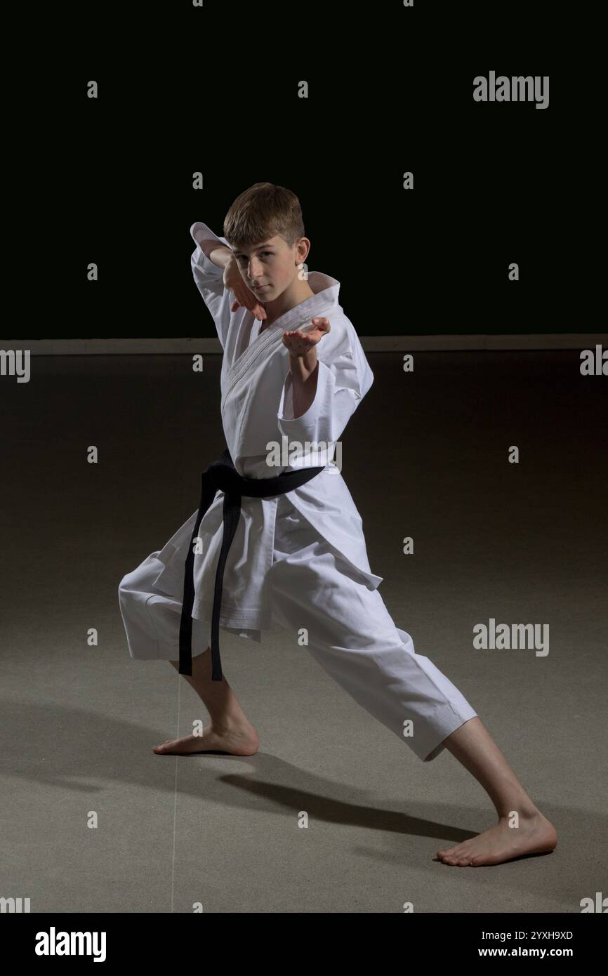 Fifteen year old male teenage karate black belt performing kata Seipai ...