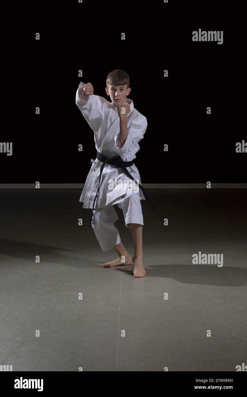 Fifteen year old male teenage karate black belt performing kata Seipai ...