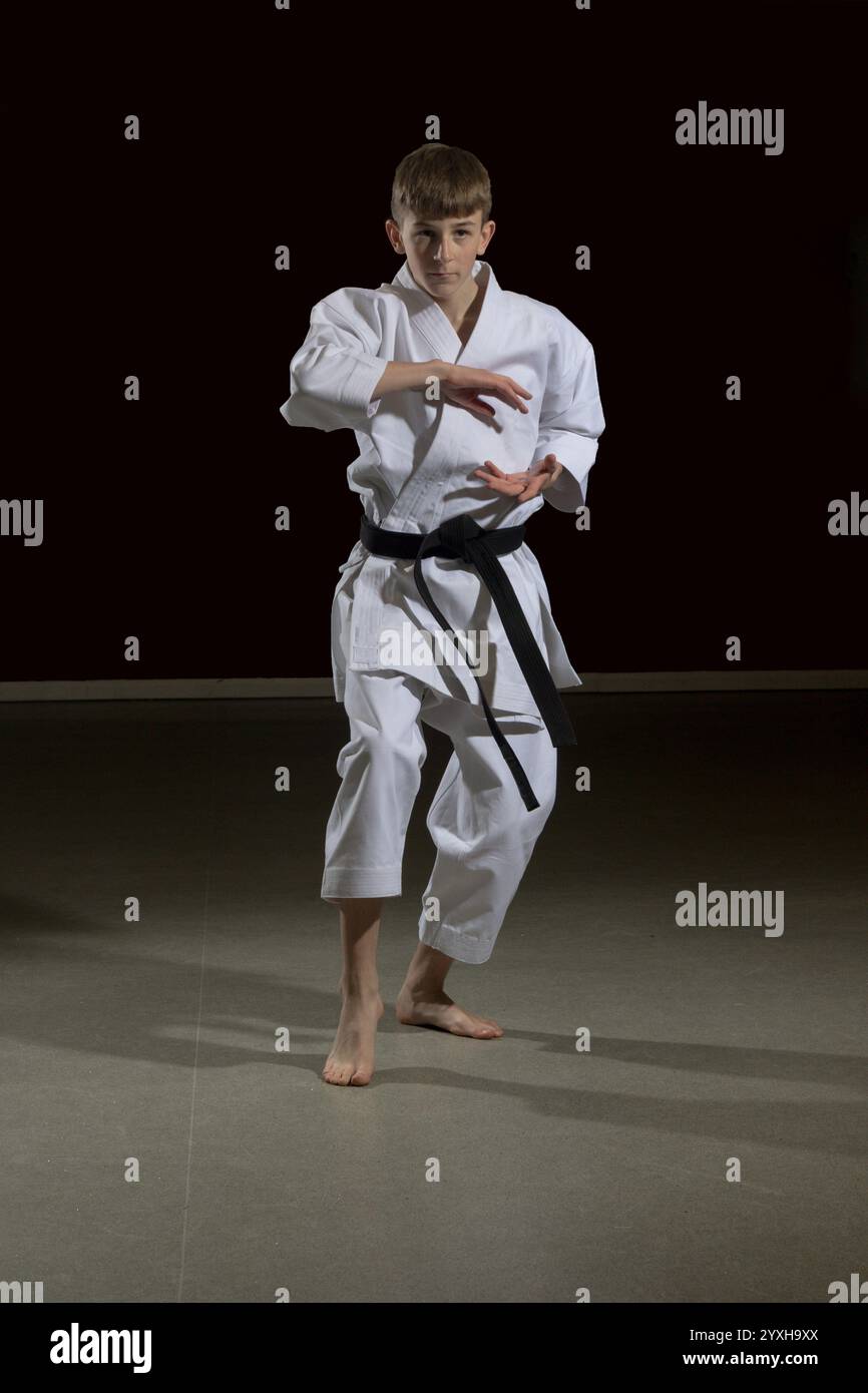 Fifteen year old male teenage karate black belt performing kata Seipai ...
