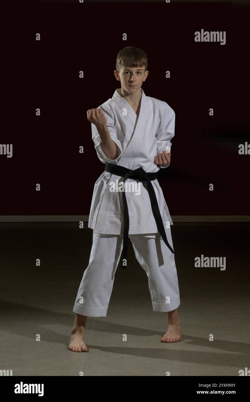 Fifteen year old male teenage karate black belt performing kata ...