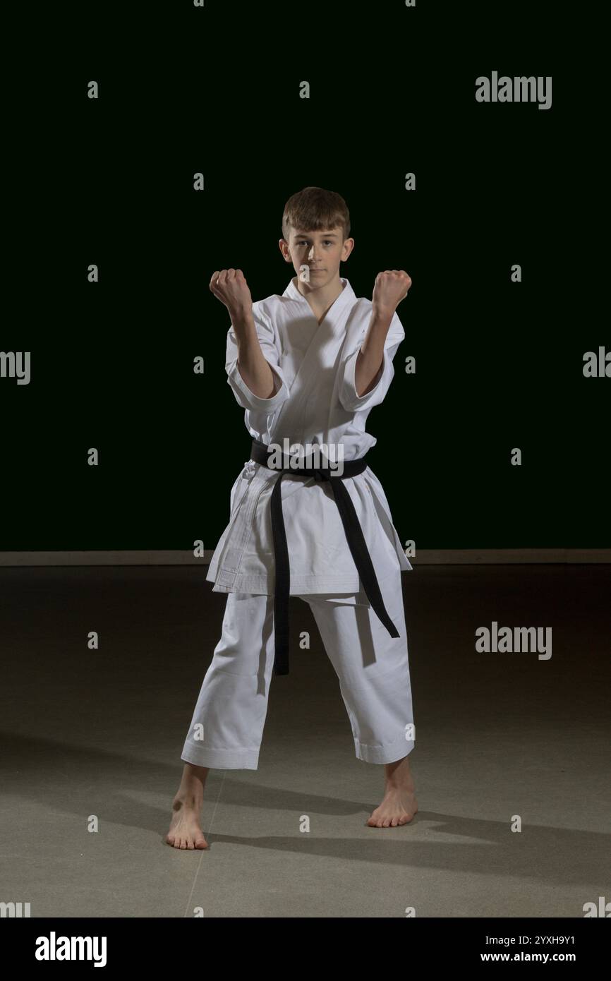 Fifteen year old male teenage karate black belt performing kata ...