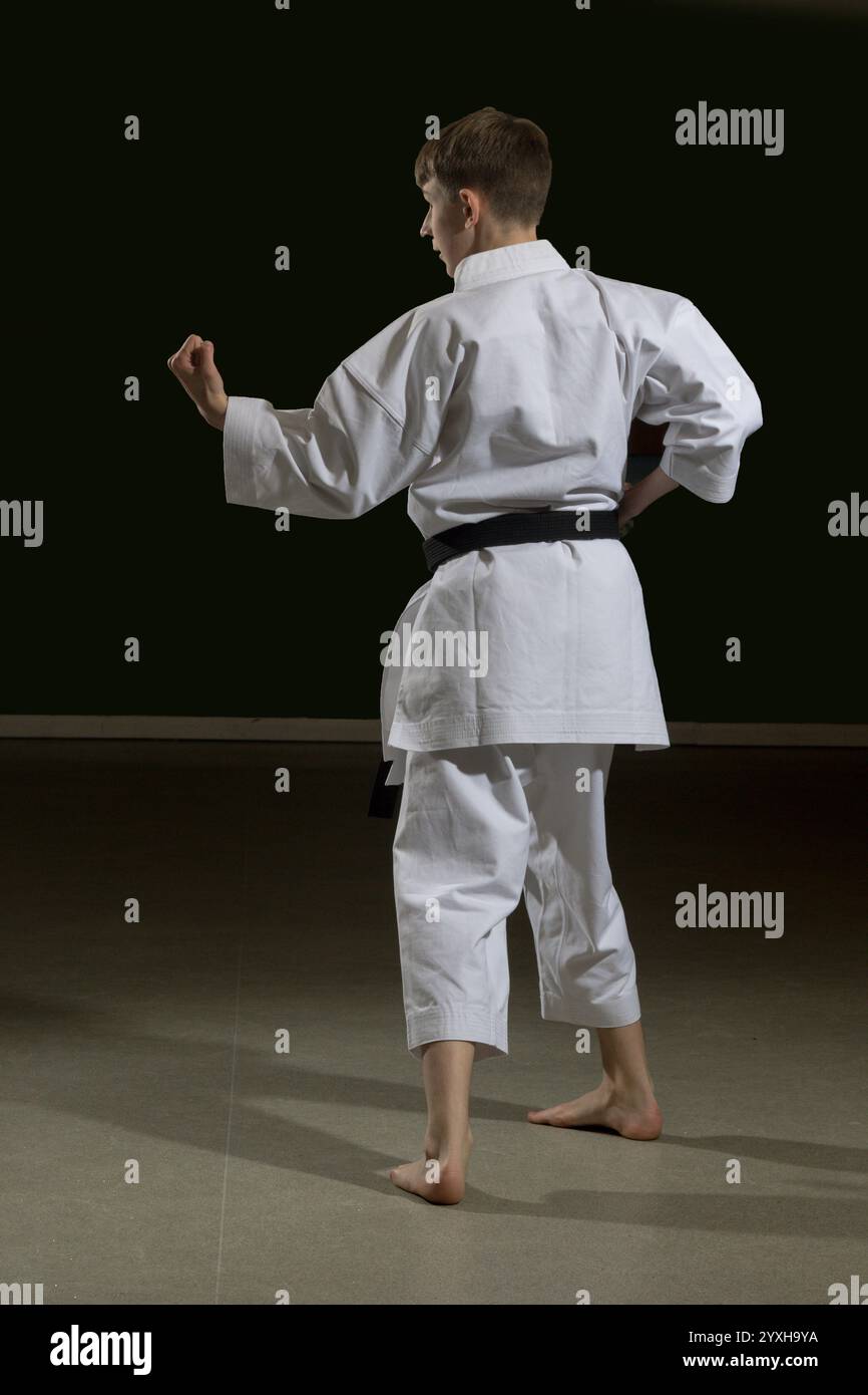 Fifteen year old male teenage karate black belt performing kata Seipai ...