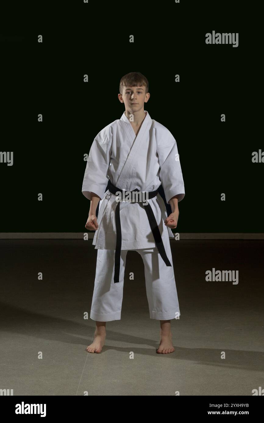 Fifteen year old male teenage karate black belt performing kata ...