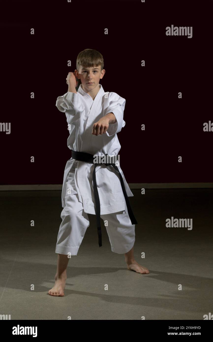 Fifteen year old male teenage karate black belt performing kata ...