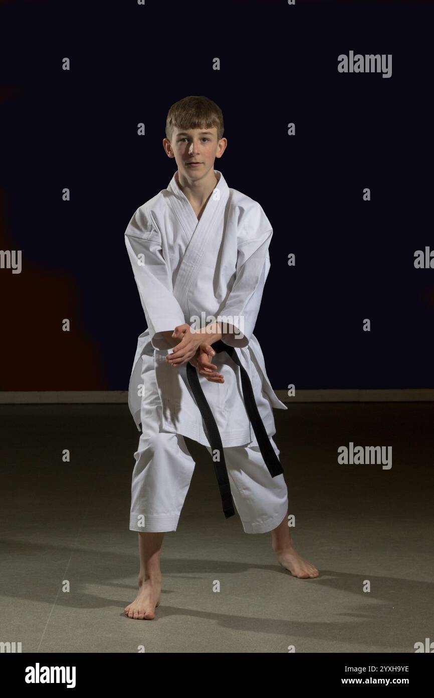 Fifteen year old male teenage karate black belt performing kata ...
