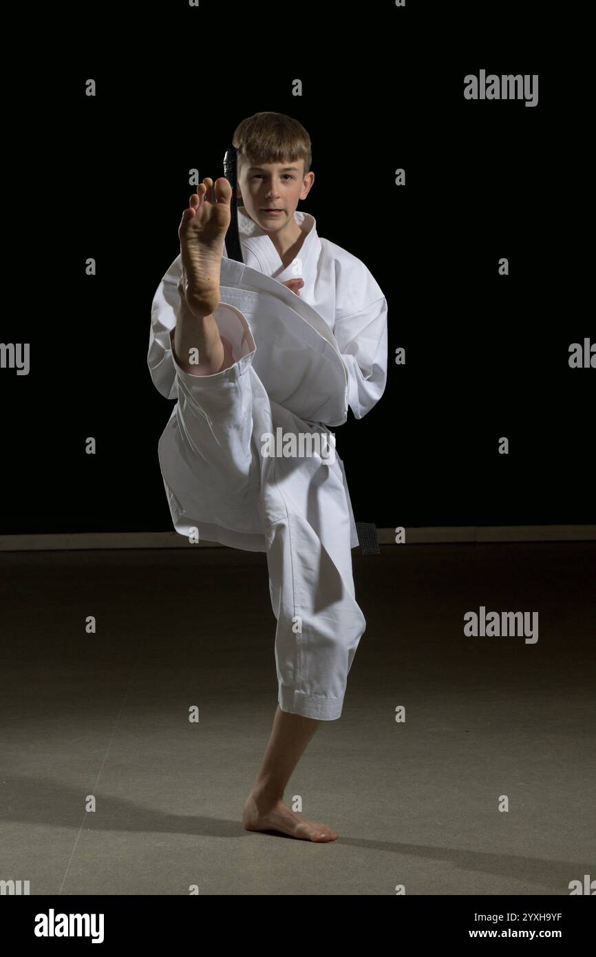 Fifteen year old male teenage karate black belt performing kata ...