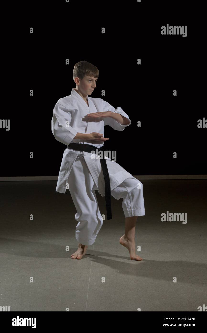 Fifteen year old male teenage karate black belt performing kata ...