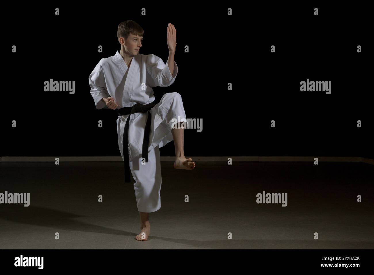 Fifteen year old male teenage karate black belt performing kata Enpi ...