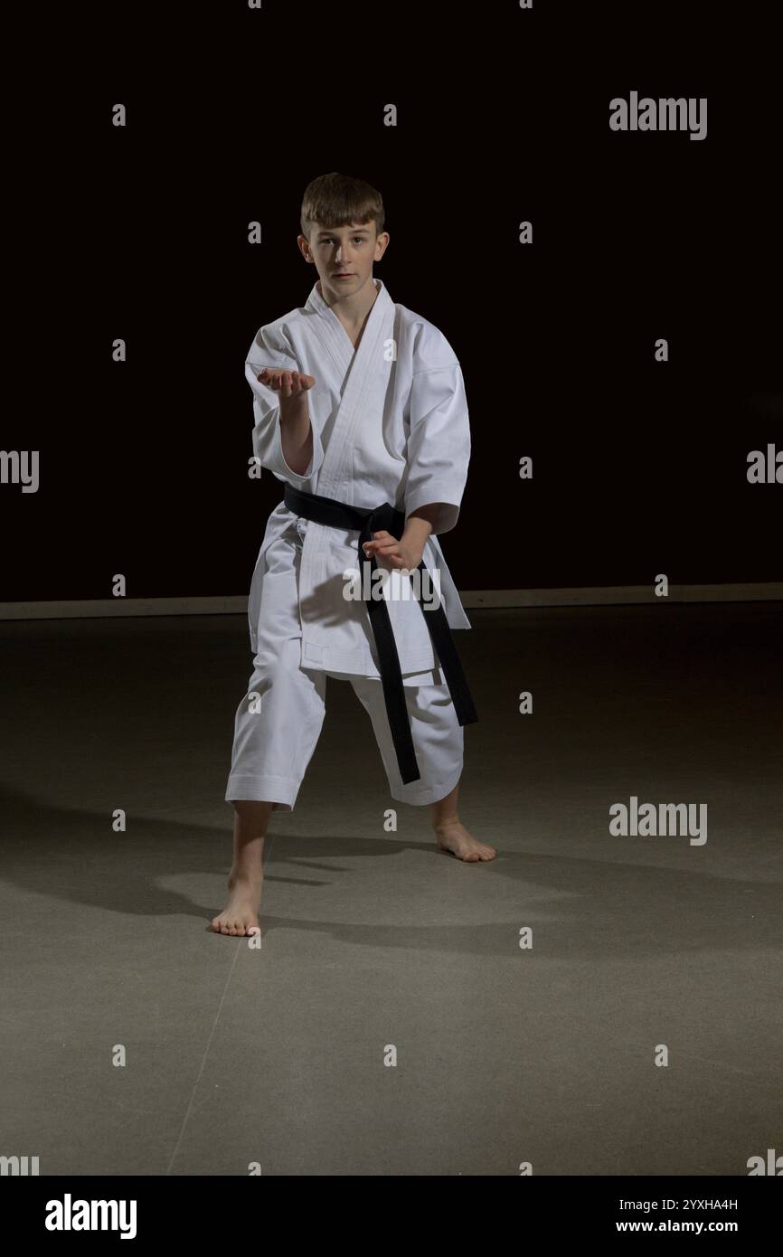 Fifteen year old male teenage karate black belt performing kata Enpi ...