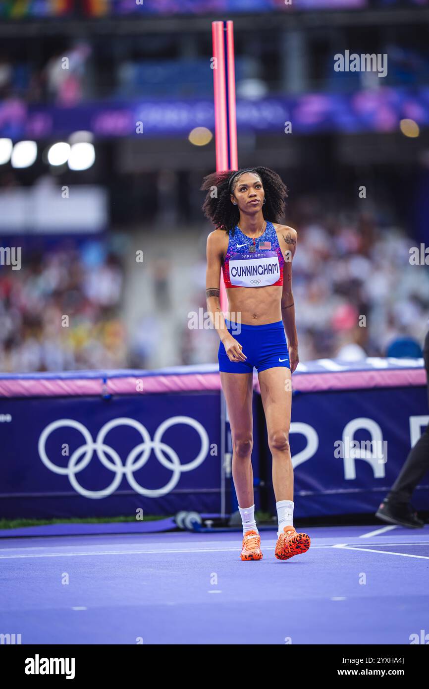 Vashti Cunningham participating in the high jump at the Paris 2024 ...