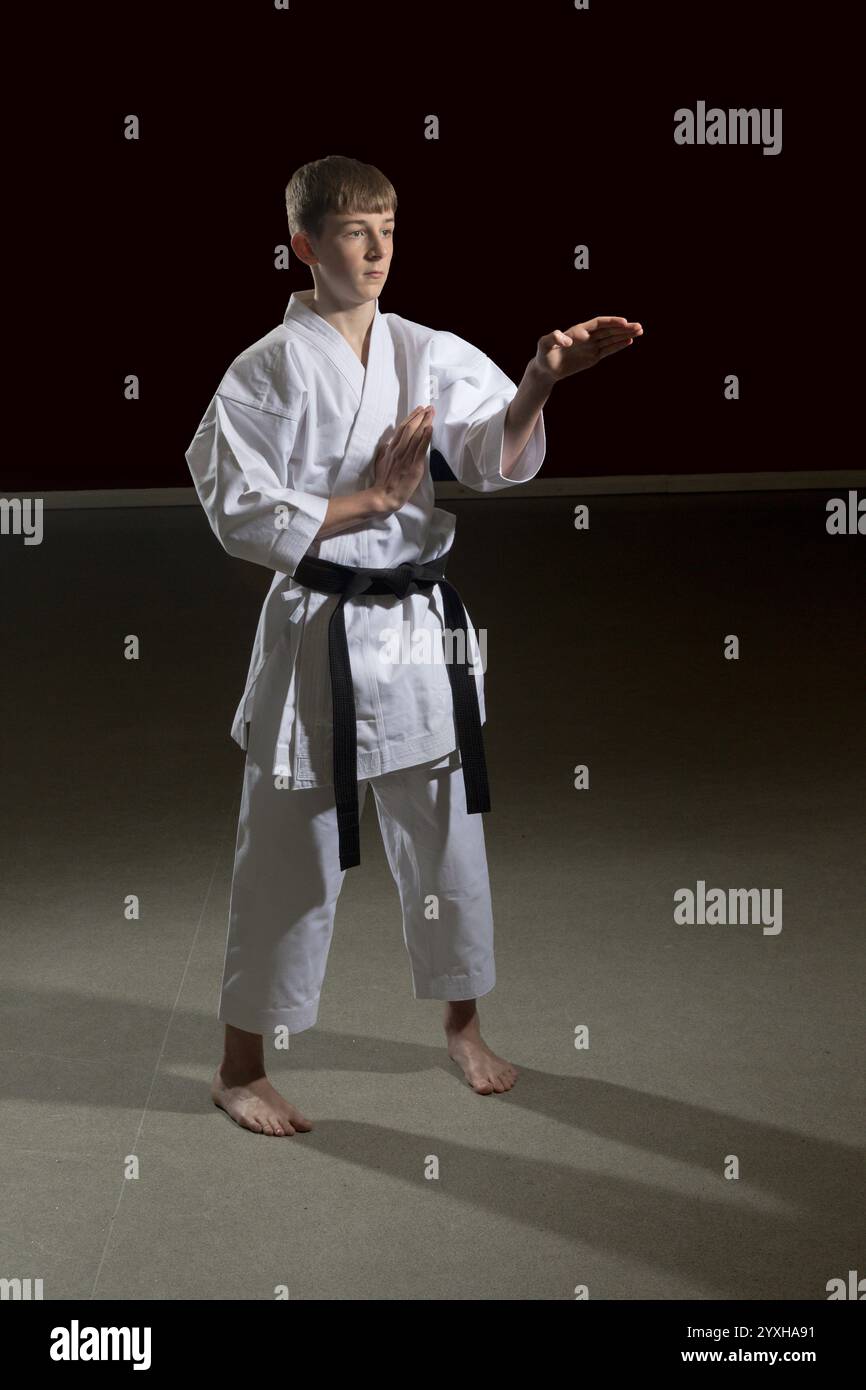 Fifteen year old male teenage karate black belt doing an open hand ...