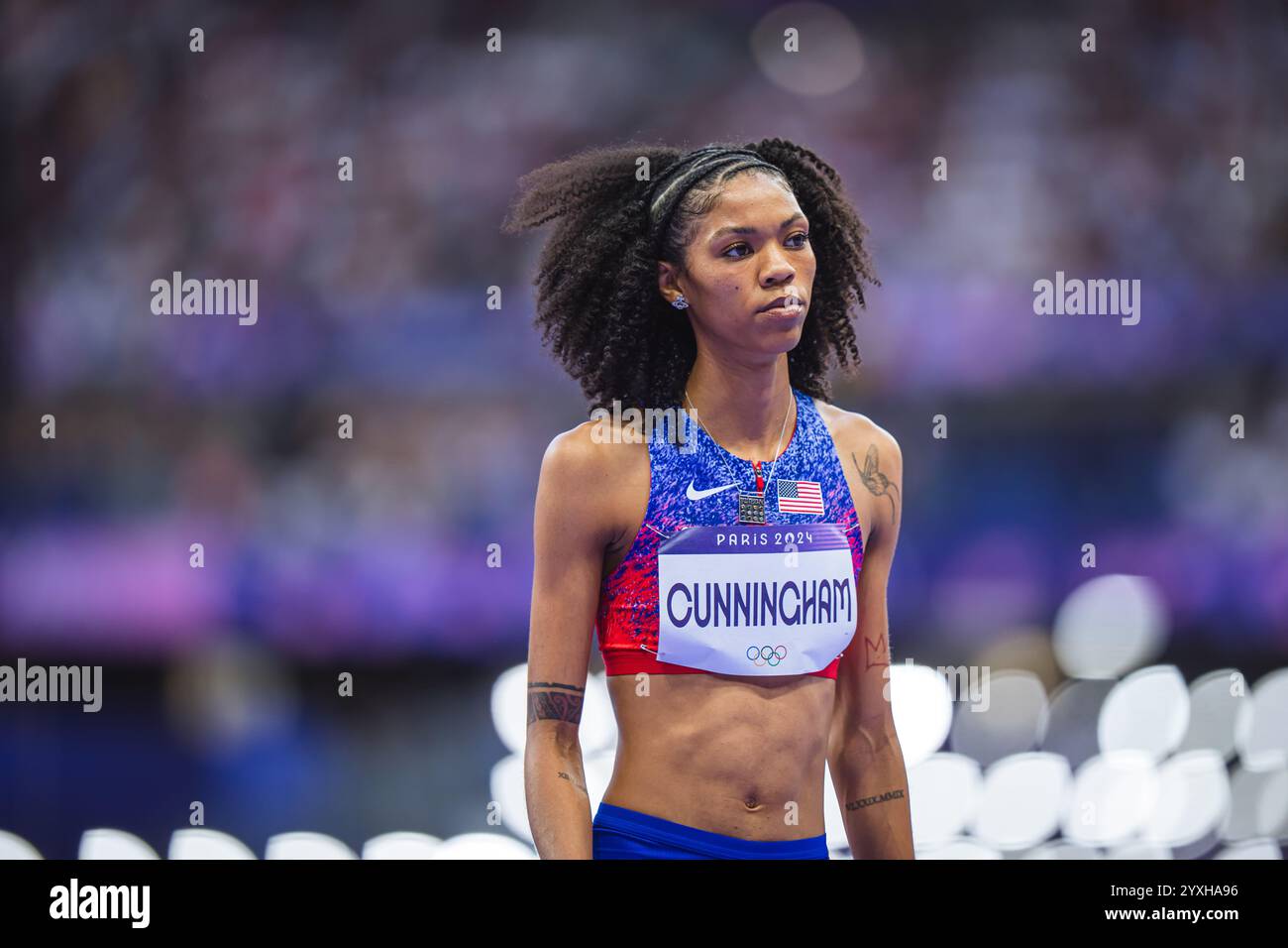Vashti Cunningham participating in the high jump at the Paris 2024 ...