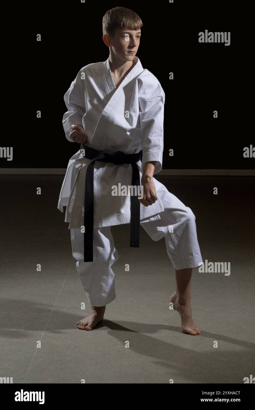 Fifteen year old male teenage karate black belt in a cat stance ...
