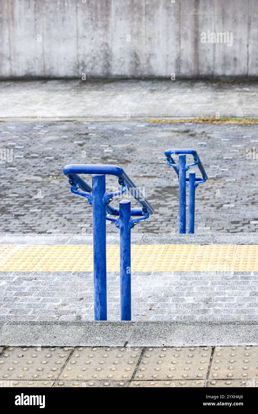 Metallic Railing on high staircase or steps, Blue steel railing for ...