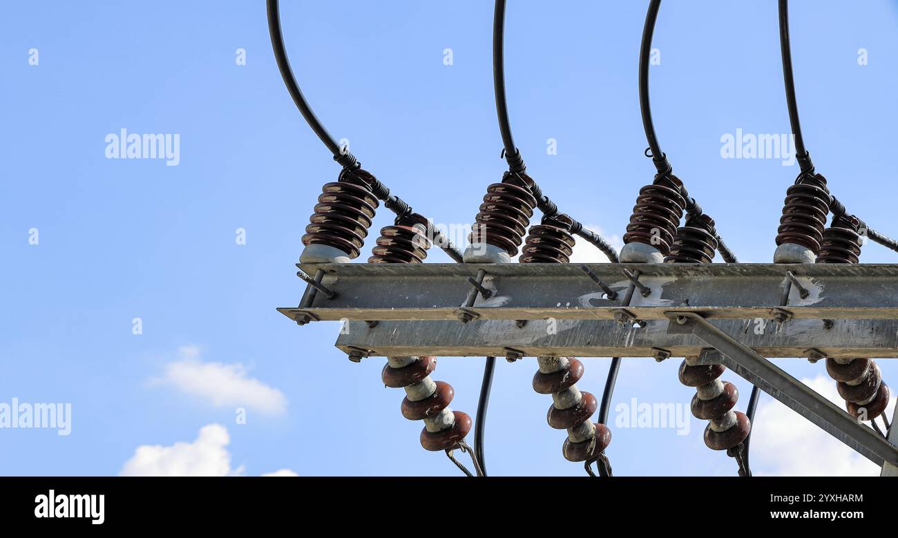 porcelain insulator on High voltage post, High voltage tower, show with ...
