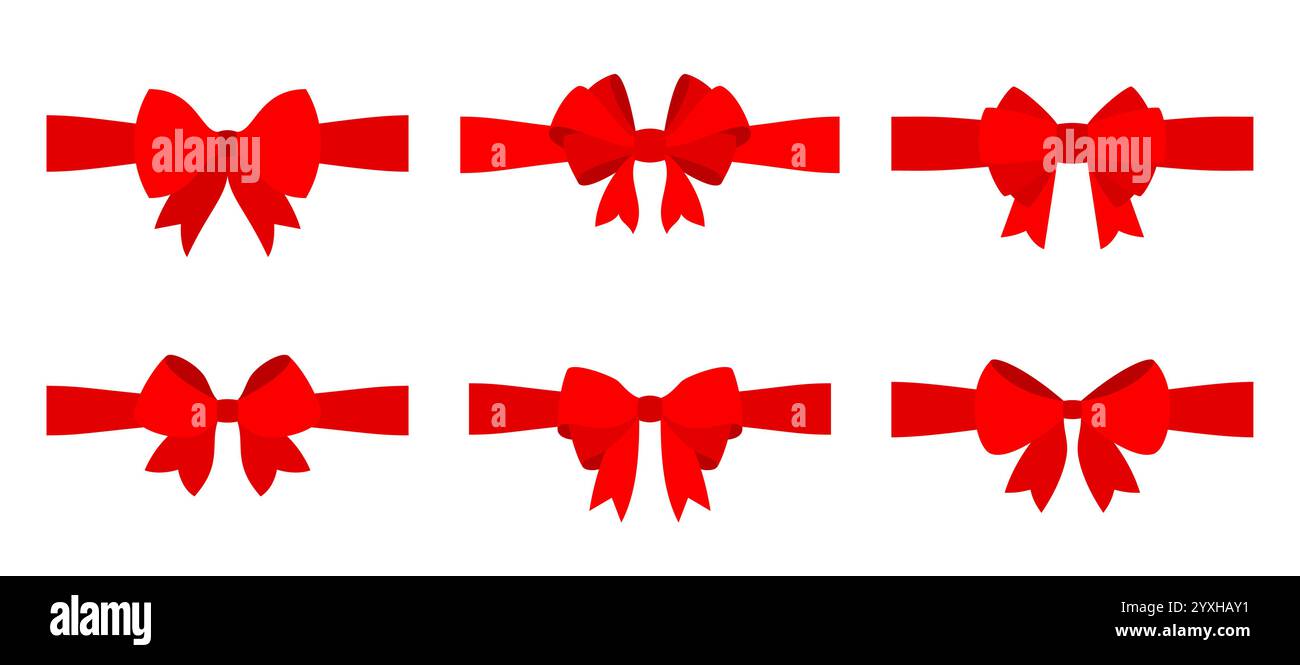 Red bows on ribbons flat set. Simple glossy elegant loops tails knots ...