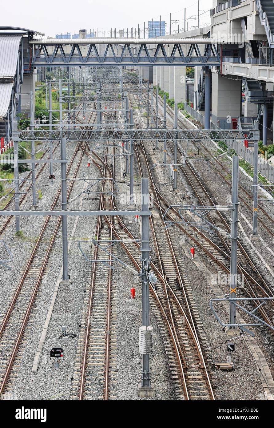 Aerial view of Infrastructure of railway tracks equipped with overhead ...
