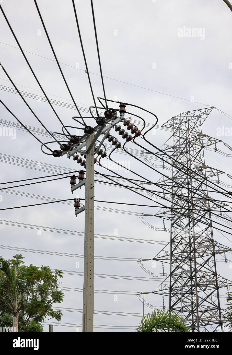 porcelain insulator on High voltage post, High voltage tower, show with ...