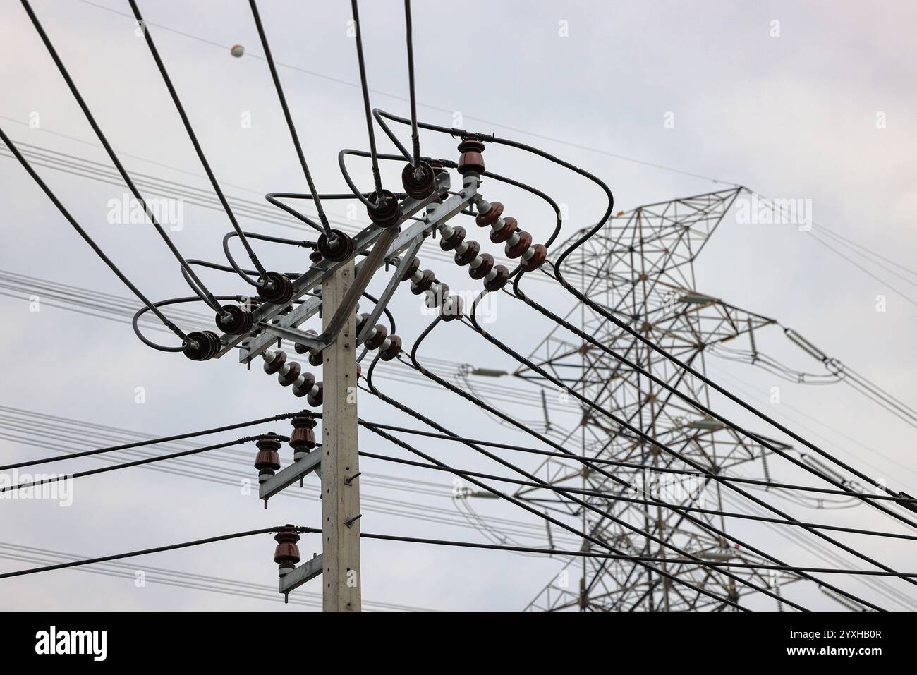porcelain insulator on High voltage post, High voltage tower, show with ...