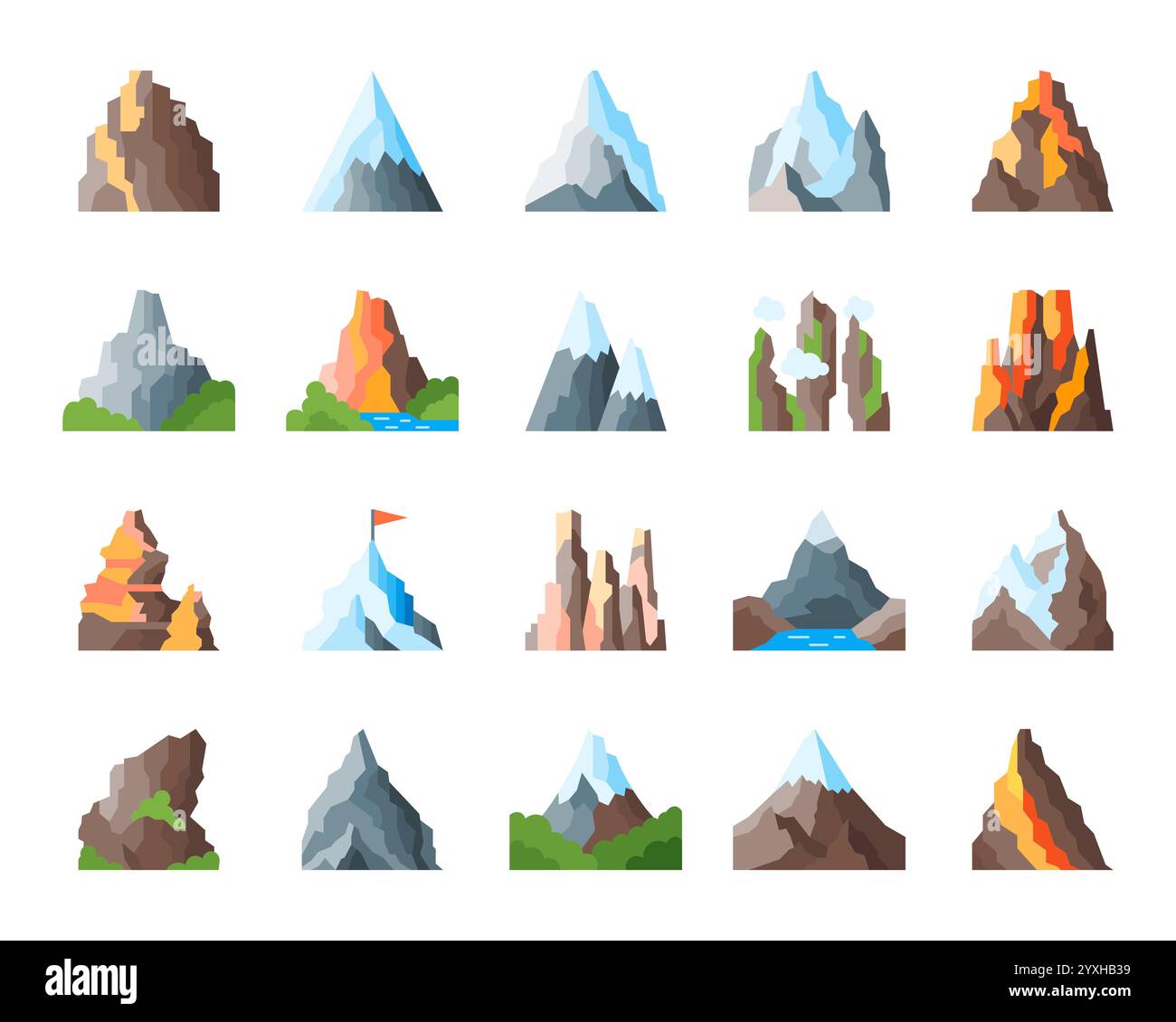 Mountain set in flat style with peaks, cliffs, rocks, and hills ...