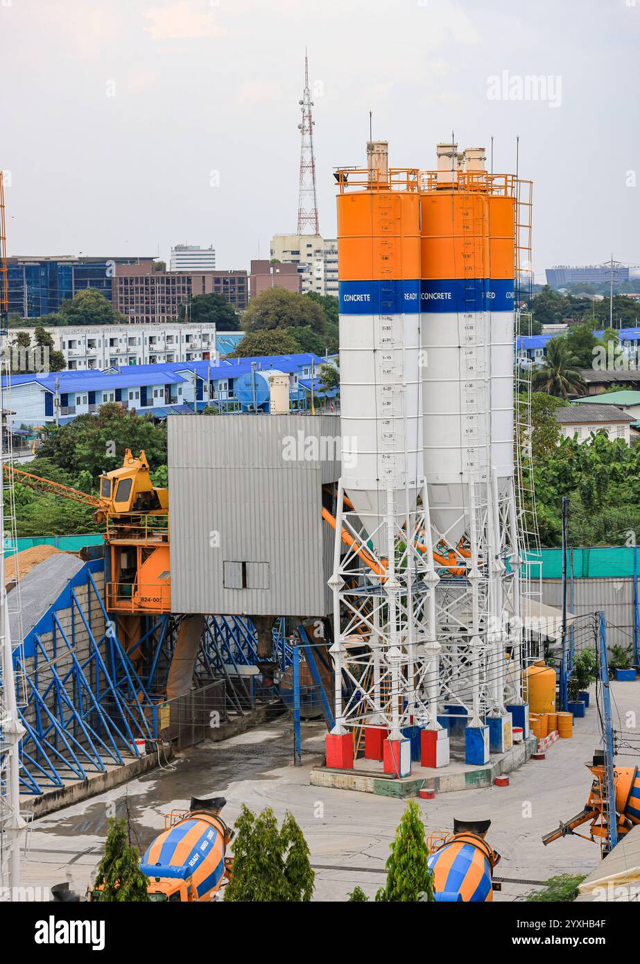 Cement silos of Cement batching plant factory or Concrete mixing tower. Concept of on-site ...