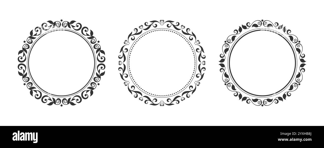 Circular floral frames set. Black ornate retro leaf pattern, thin swirl ...