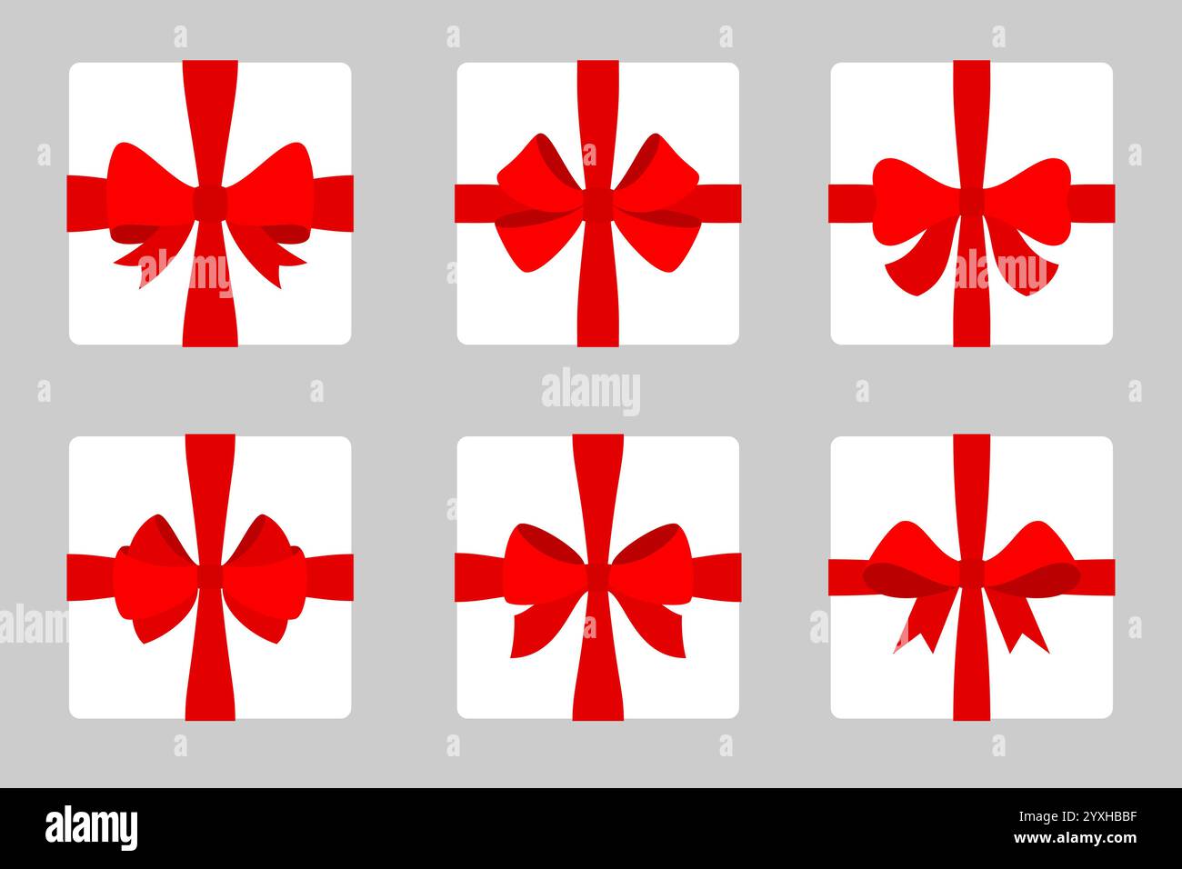 Red bows tied on square gift boxes top view. Neat package ribbons ...