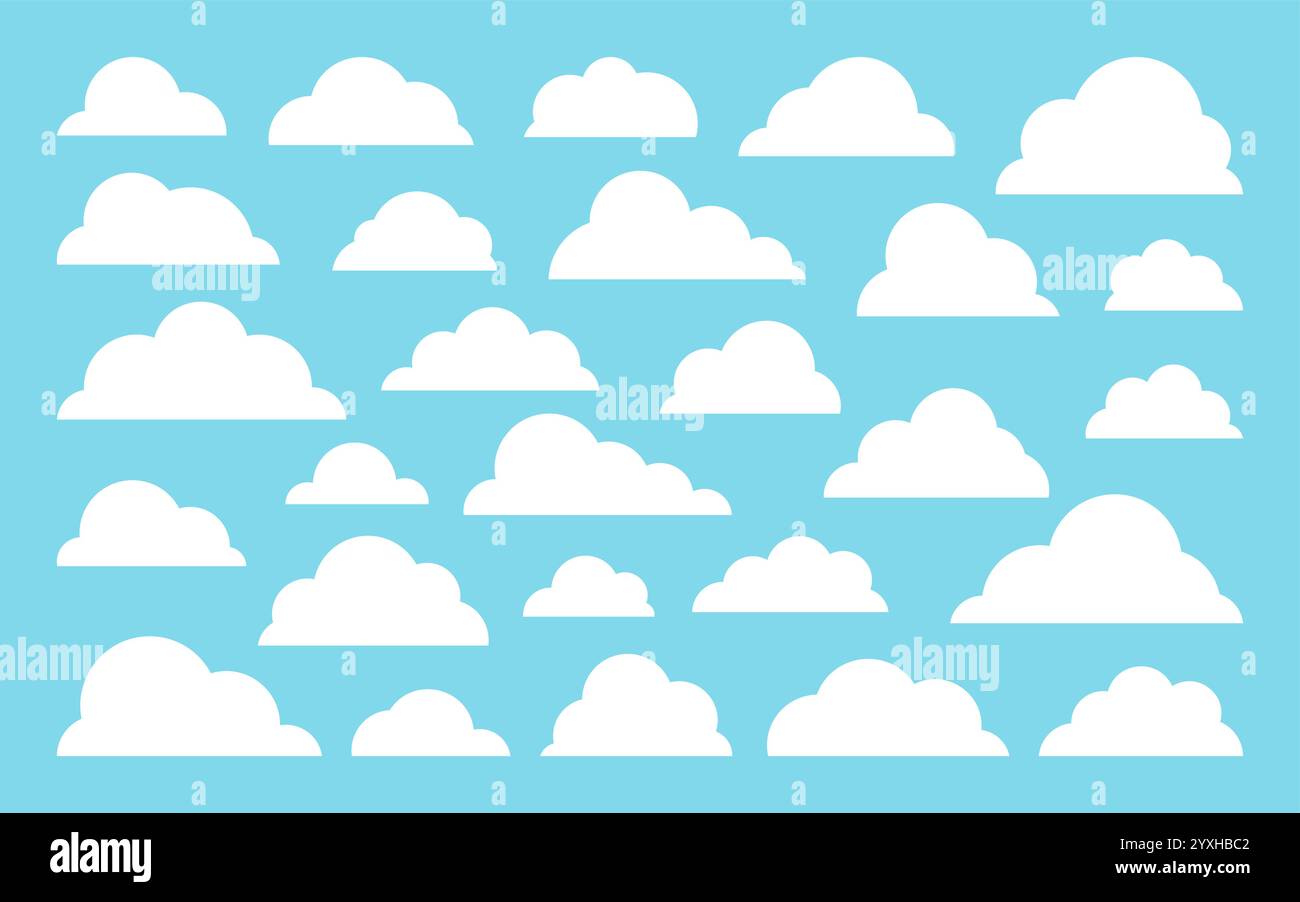 White fluffy clouds silhouettes on bright light blue sky. Cartoon puffy ...