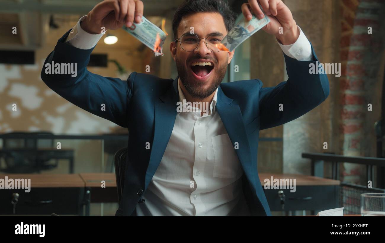 Happy male Arabian Indian business man crazy mad laughing guy joyful ...