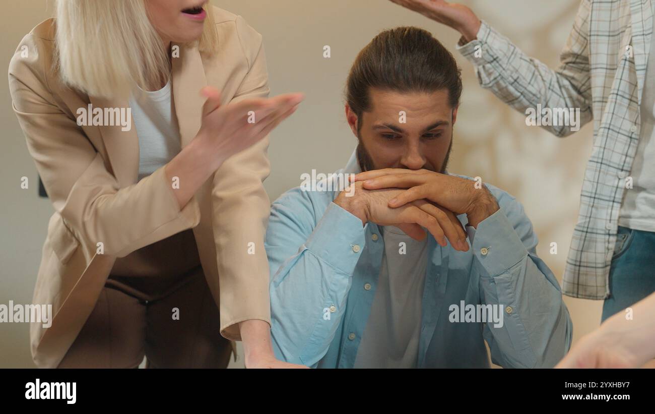 Coworking group multiracial office team men women girls guys arguing ...