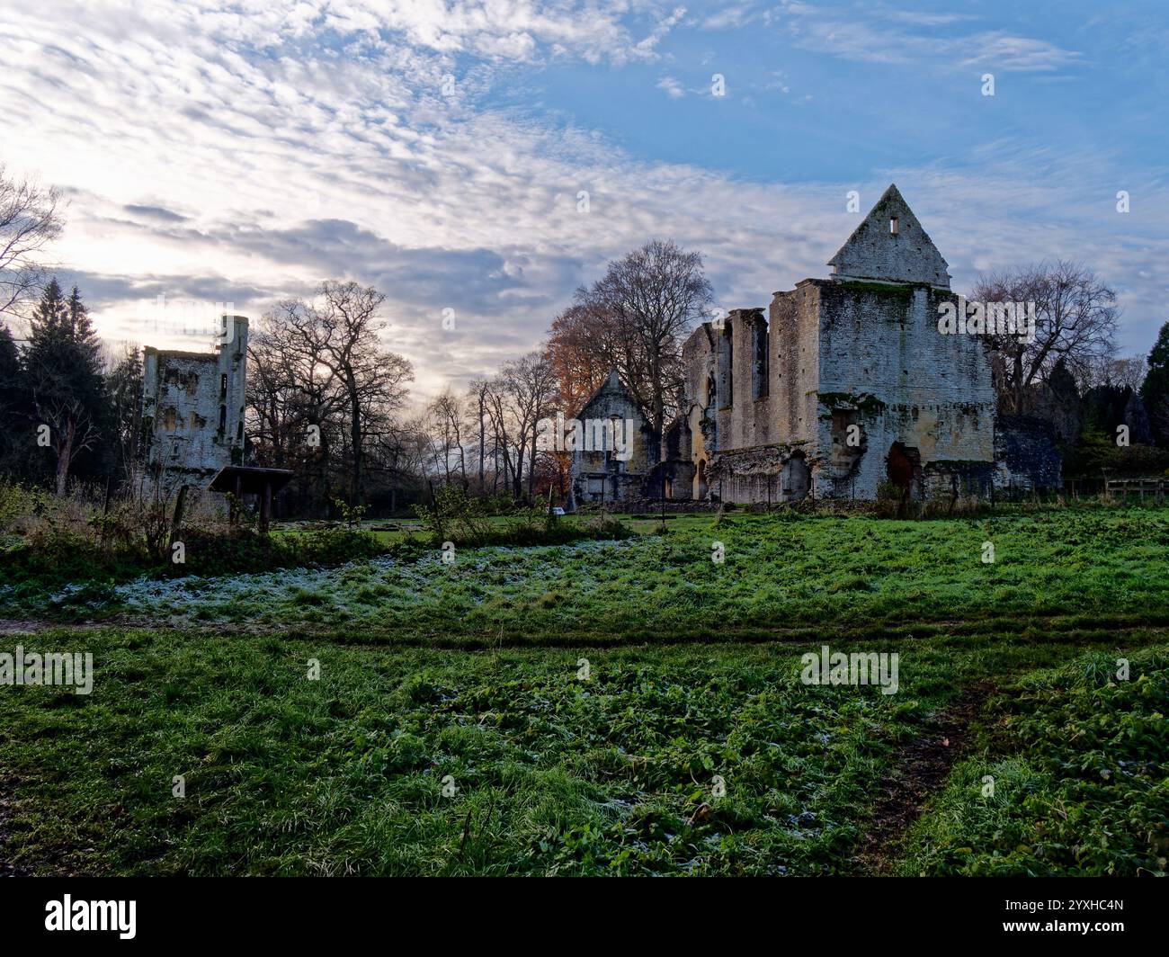 Ruins of Minster Lovell Hall in winter frost in Minster Lovell, Witney ...