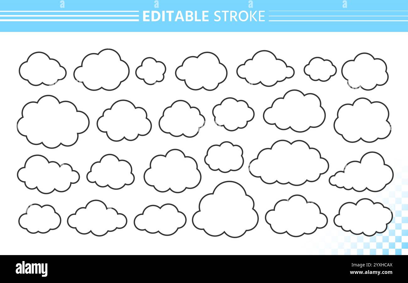 Fluffy clouds outline set. Simple hand drawn cloud shapes with editable ...