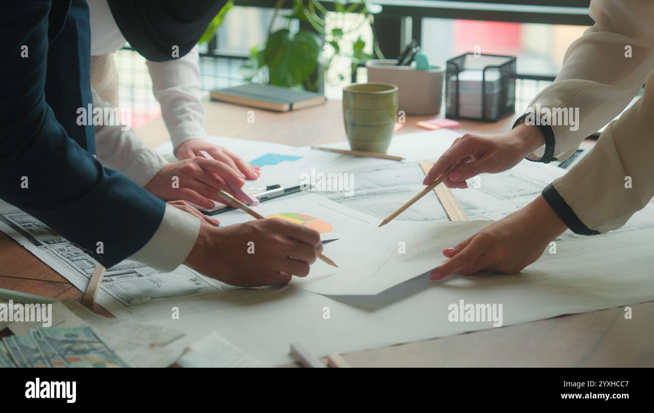 Team architects engineers designers contractors teamwork blueprints ...