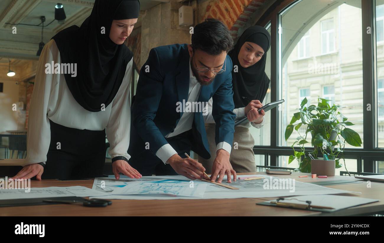 Indian man muslim hijab women business team architects engineers ...