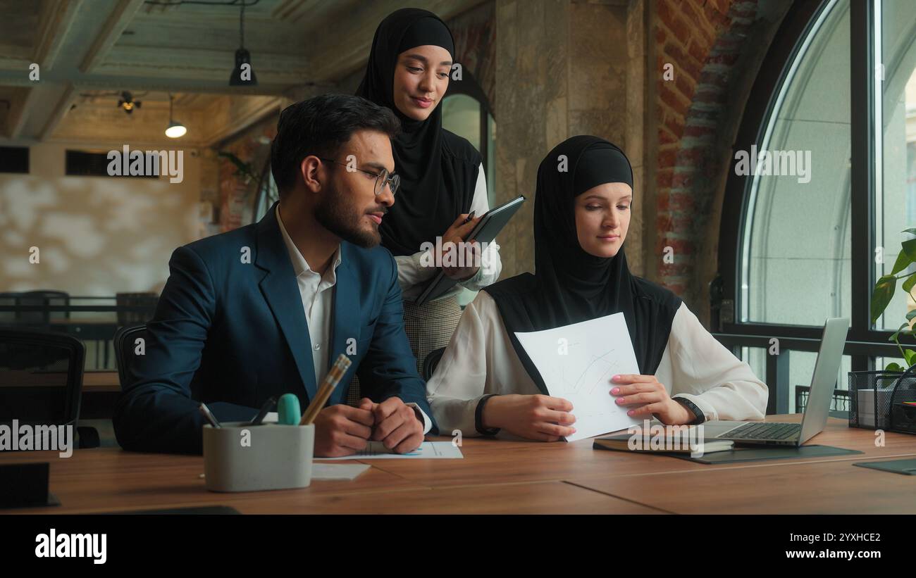 Business team workers women man colleagues happy friendly greeting hello online meeting video ...