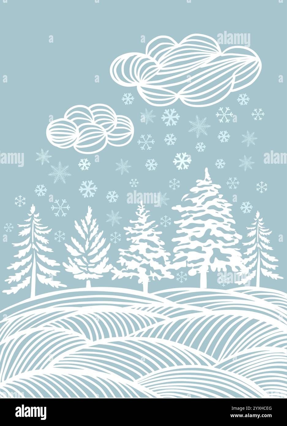 Graphic snowy landscape with fir trees in the field. hand drawing. Not ...