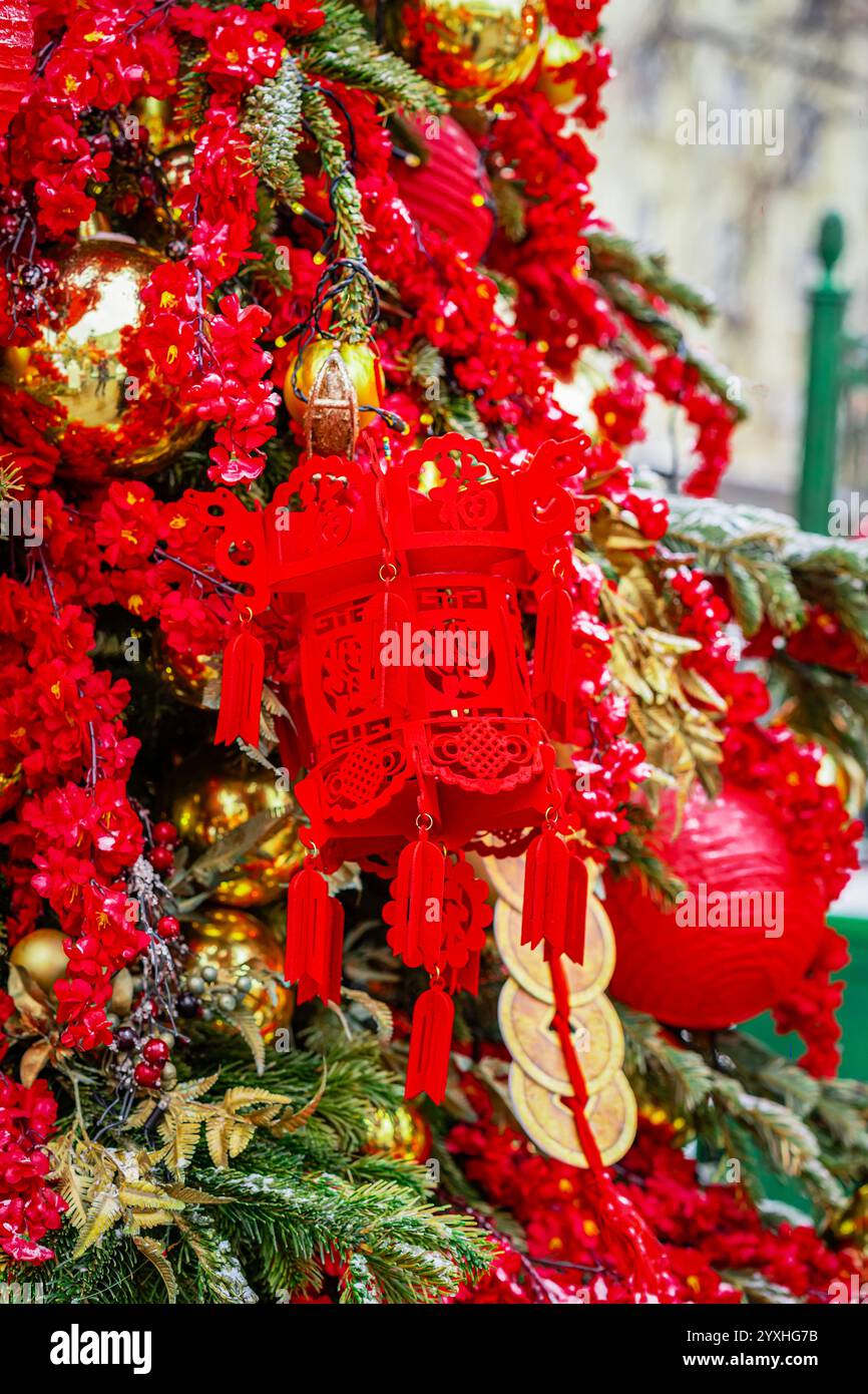 Red lantern and vivid decorations create a vibrant celebration of ...