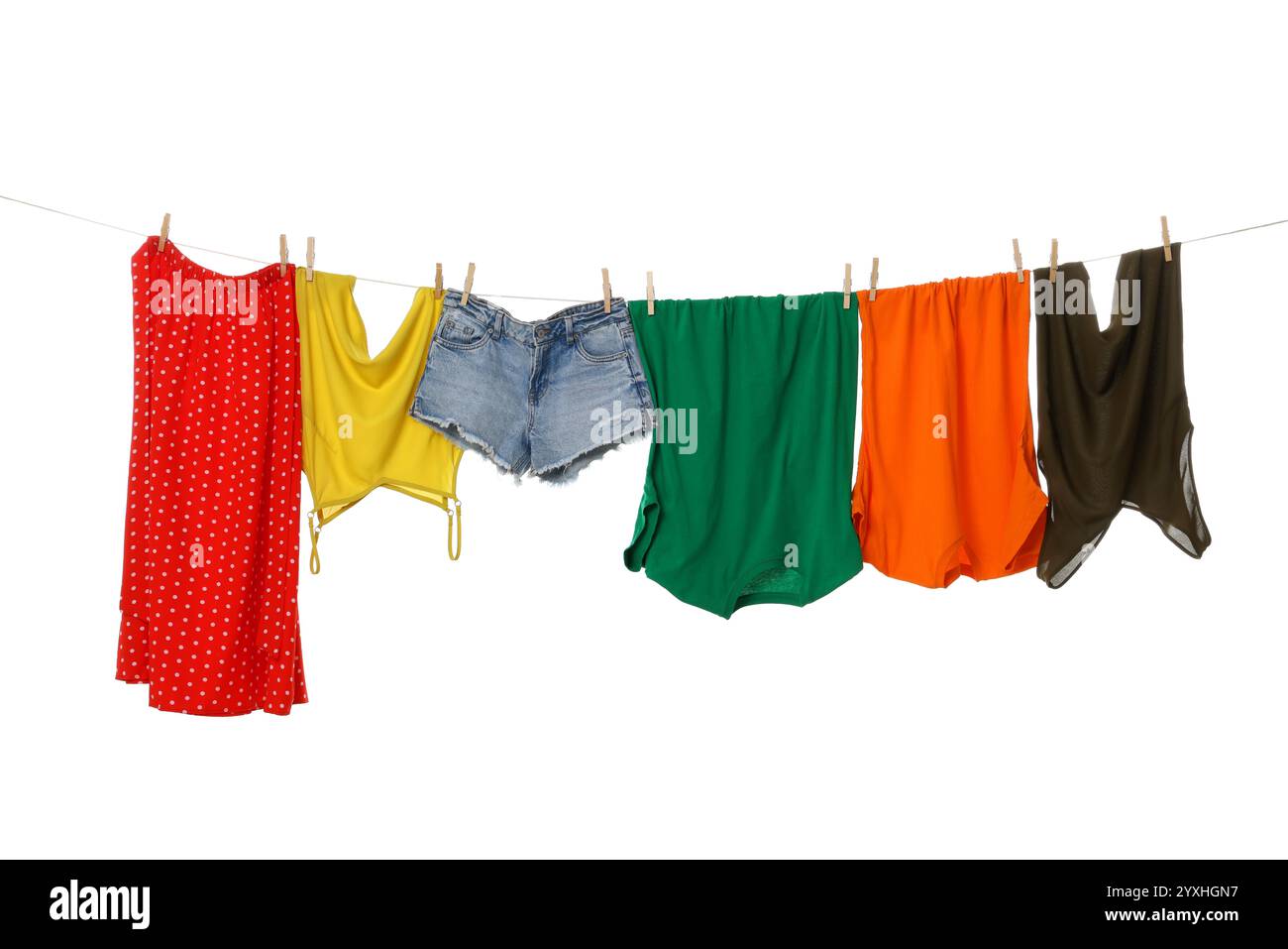Different clothes drying on laundry line against white background Stock ...