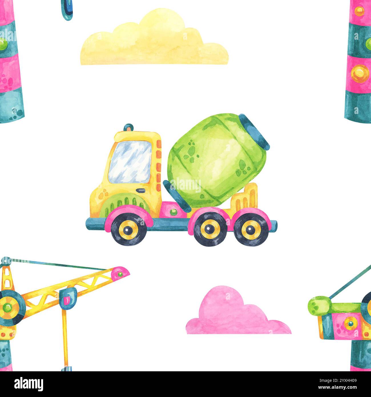 A watercolor seamless pattern featuring a green cement mixer truck with ...