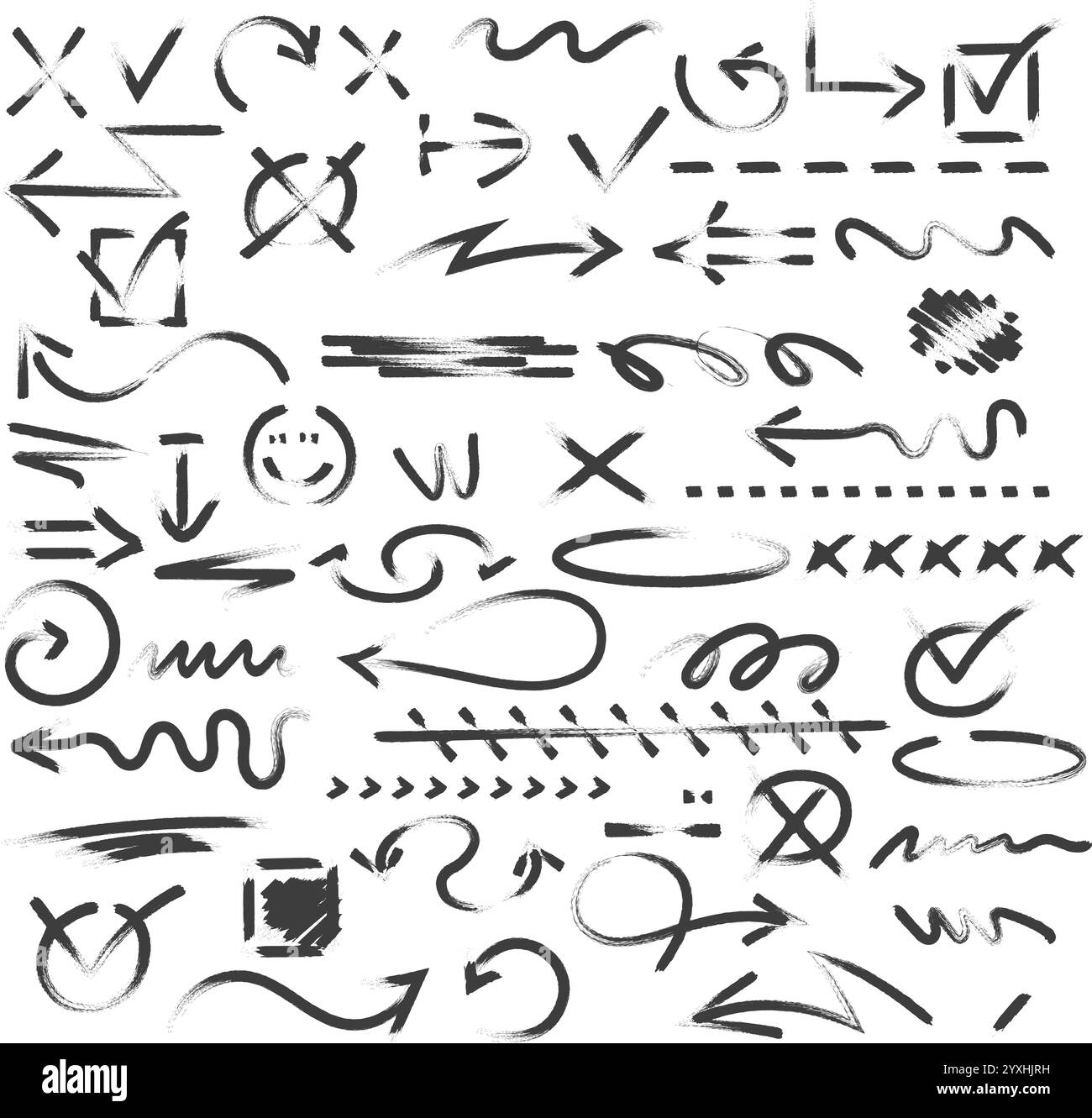 Marker monochrome stains. Handwriting scribble stroke underline arrows ...