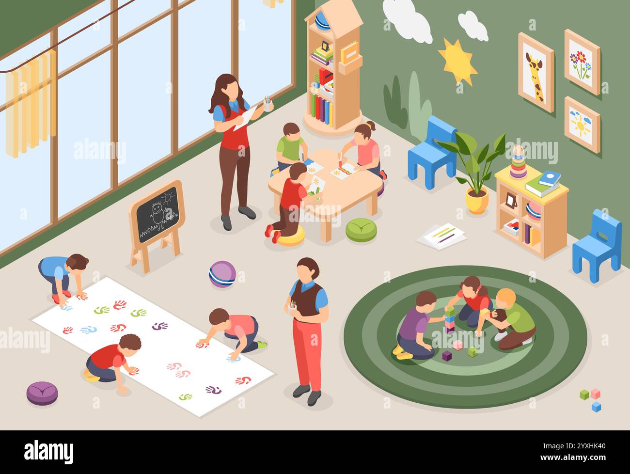 Isometric children in playroom. Playtime in kindergarten, child and ...