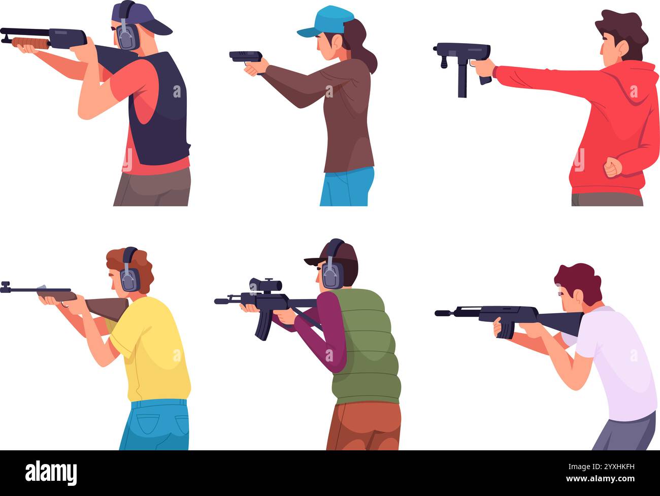 Shooters. Male and female people with weapons aiming and shooting to ...