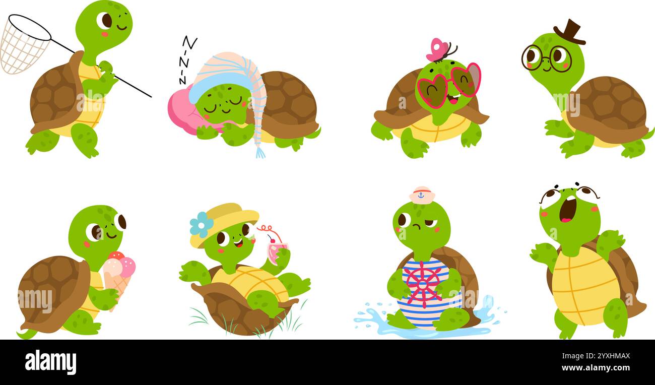 Cartoon turtle. Funny turtles sleep walking screaming resting with ...
