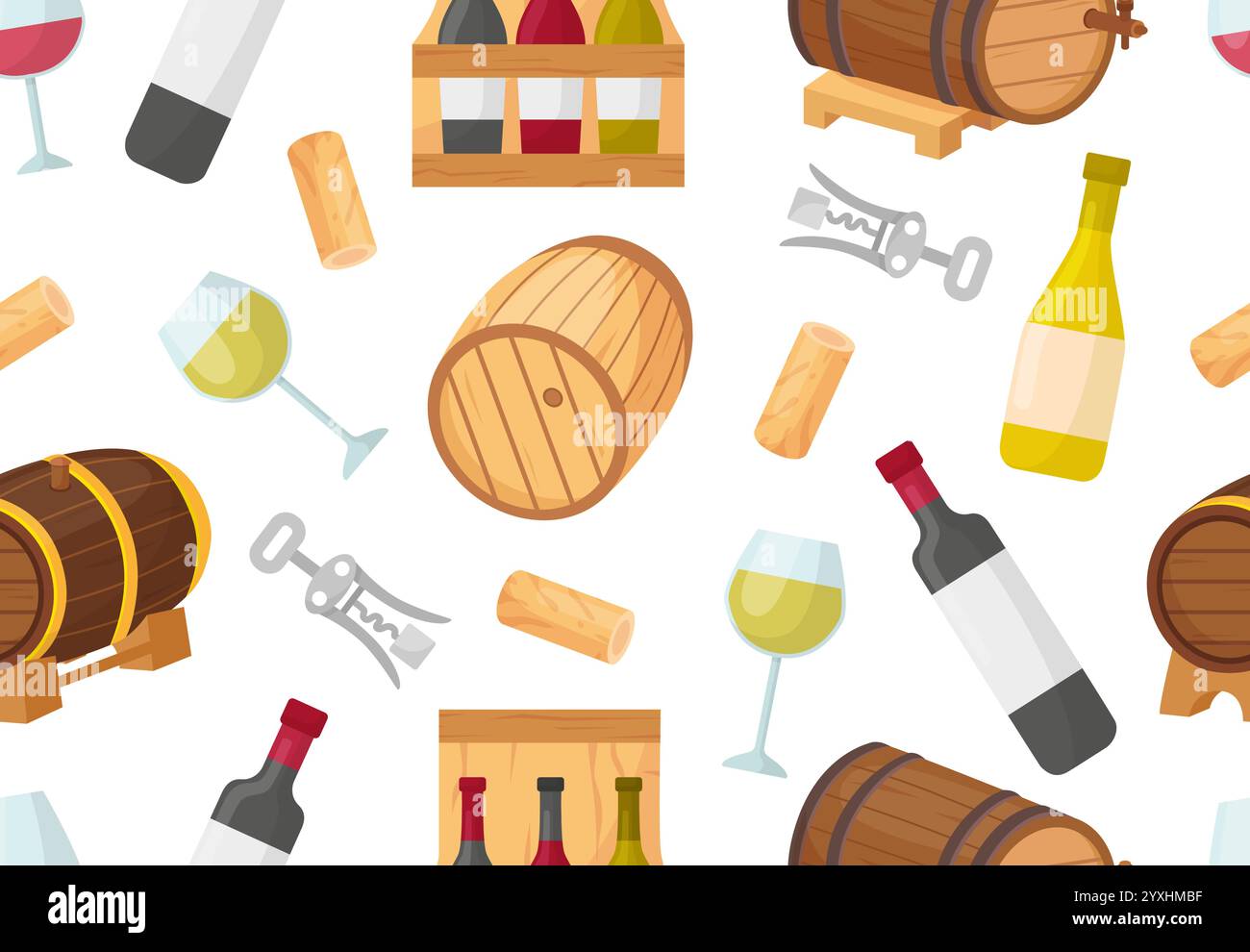 Wine barrels seamless pattern. Wooden barrel and cork, wine glasses and ...